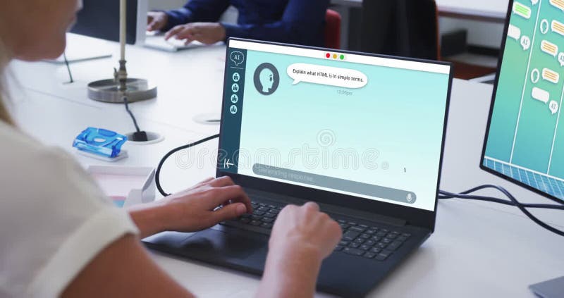 Caucasian Woman in Office Using Computers with Ai Message on Screens ...