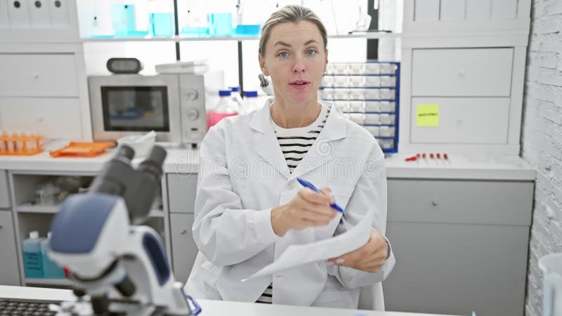 Caucasian Woman Scientist in Lab Coat Reviewing Documents in a Modern ...