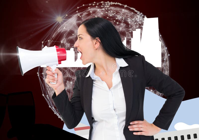 Caucasian Woman Talking On Megaphone Against Globe Of Network Of