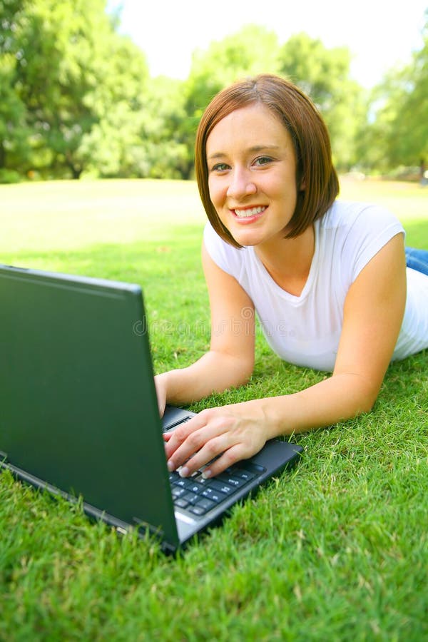 Caucasian Woman Using Laptop Outdoor Stock Photo - Image of expression ...