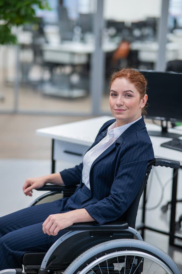 Caucasian Woman Wheelchair in Open Space Office. Stock Image - Image of ...
