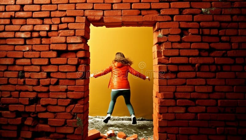 Caucasian Women and Men Running on Brick Wall Generated by AI Stock ...