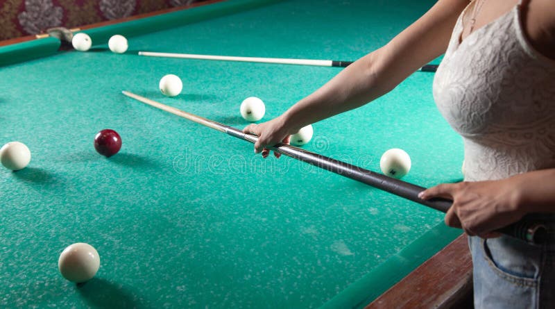 Caucasian Young Girl Playing Billiards Stock Image - Image of table ...