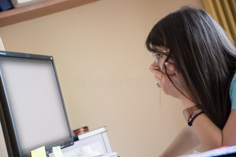 Stressed Woman at Work with Computer in Front of Her Stock Image ...