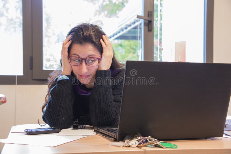 Stressed Woman at Work into Office in Front Computer Stock Photo ...