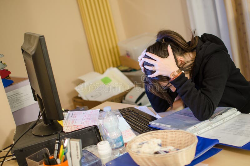Stressed Woman at Work with Computer in Front of Her Stock Image ...
