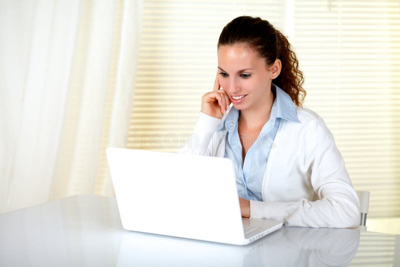 Caucasian Young Woman Reading on Laptop Screen Stock Photo - Image of ...