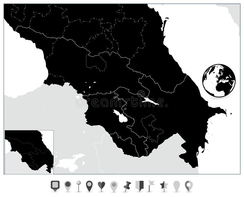 Caucasus Black Map and Flat Map Markers Stock Vector - Illustration of ...
