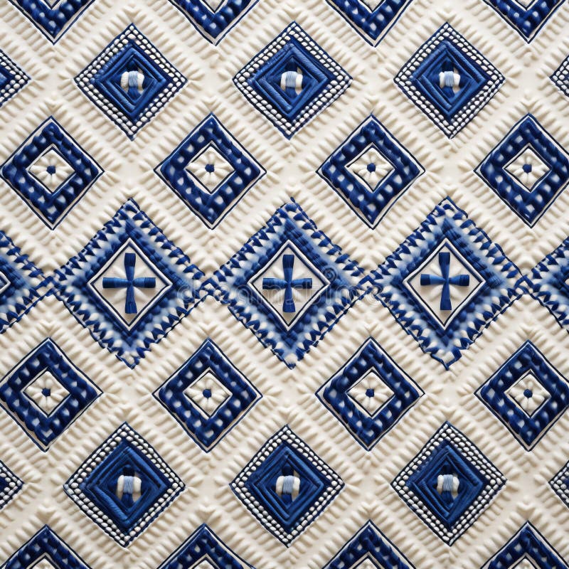 Embroidered Cloth with Blue Geometric Shapes in Light Beige and Dark ...