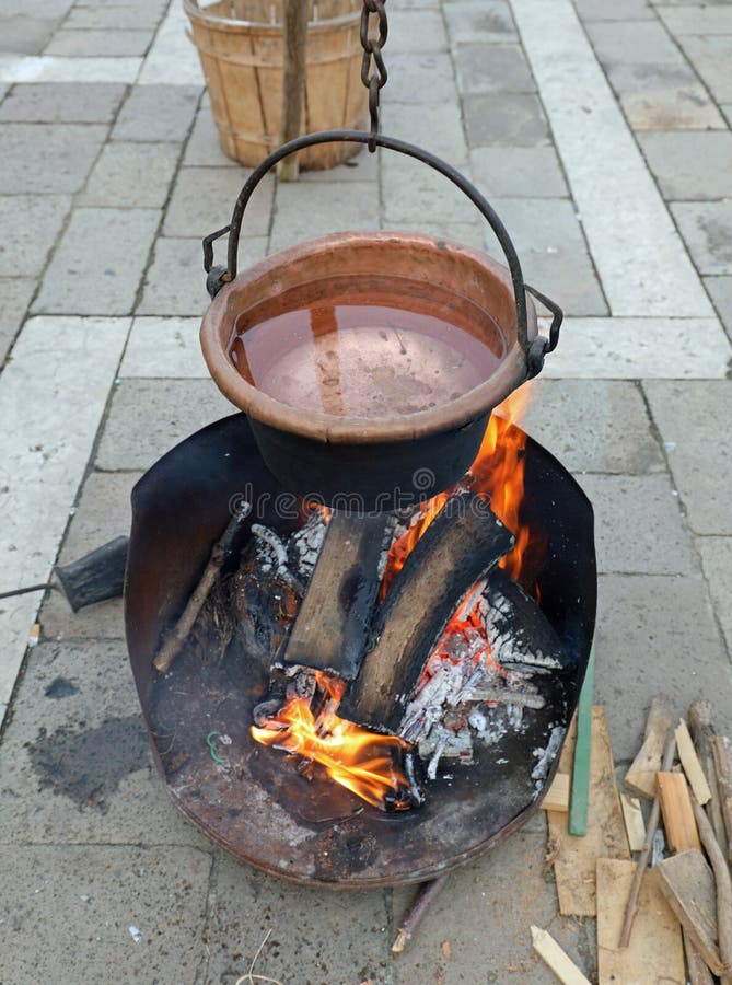 Cauldron with Boiling Water and a Large Wood Fire Stock Photo - Image ...