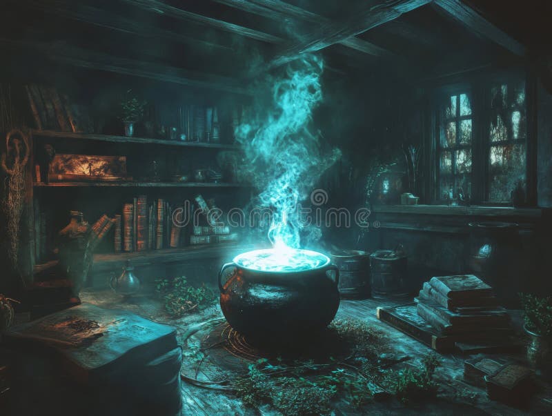 A Cauldron of Bubbling Blue Potion in a Dark, Rustic Room Stock ...