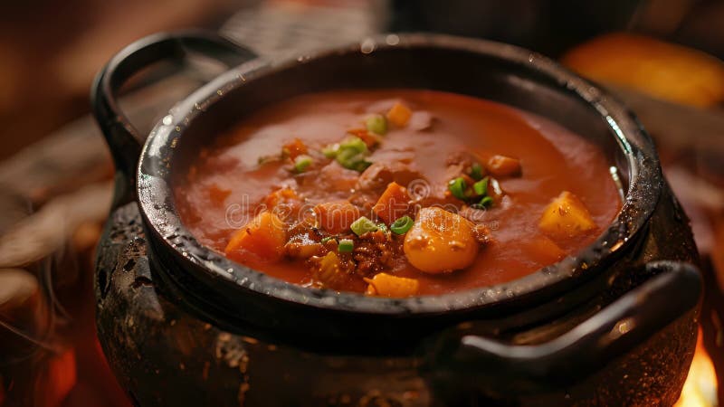 A Cauldron Bubbling with Hearty Stew Simmering Over an Open Flame and ...