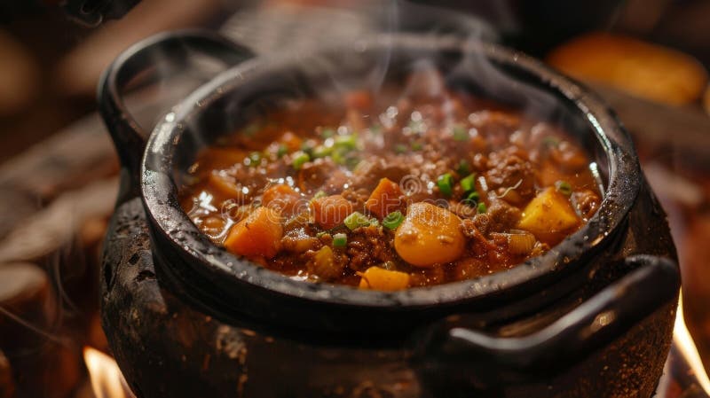 A Cauldron Bubbling with Hearty Stew Simmering Over an Open Flame and ...