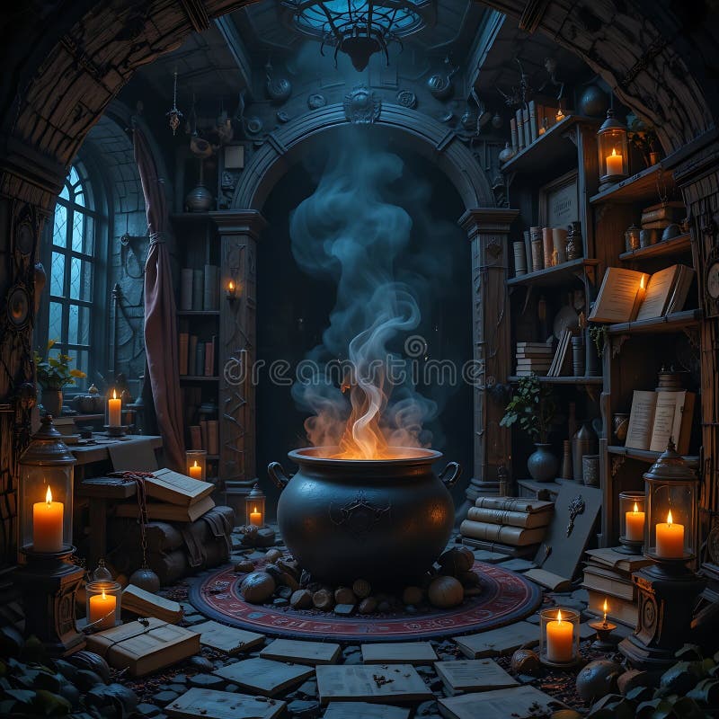 Cauldron with Burning Fire and Smoke in a Dark, Magical Setting Stock ...