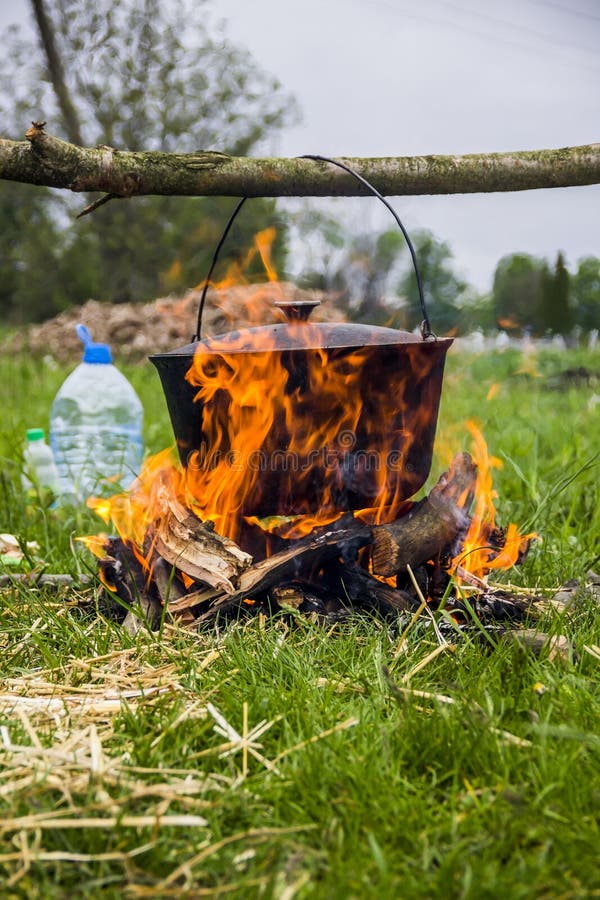 Cauldron on campfire stock image. Image of fire, closeup - 227865647