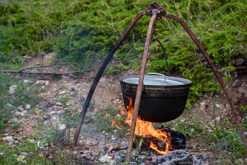 Cauldron or Camping Kettle Over Open Fire Outdoors Stock Photo - Image ...
