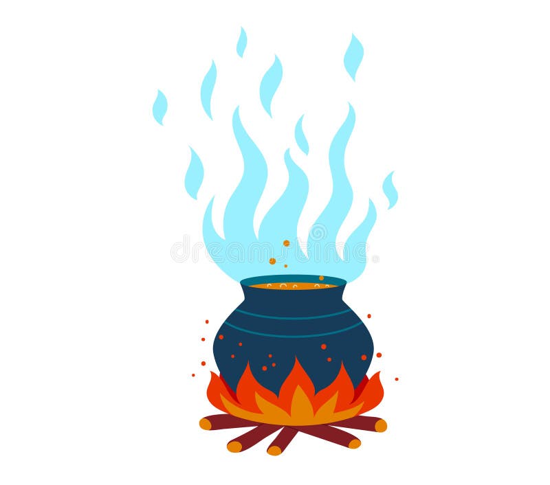 Cauldron on Fire with Boiling Potion and Magical Blue Flames ...