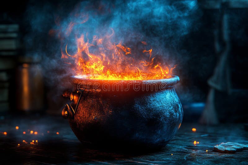 Cauldron with Flames and Smoke in Dark, Mysterious Setting Stock ...