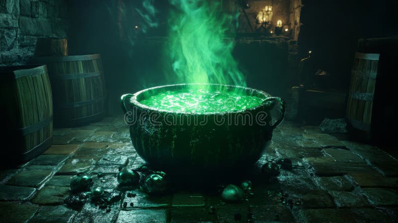 A Cauldron of Green Potion in a Dark and Mystical Setting Stock ...