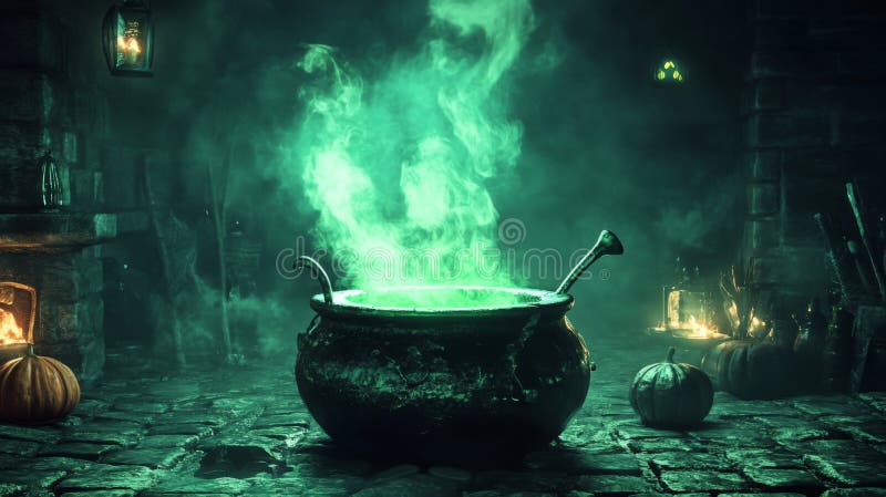 A Cauldron of Green Potion with Smoke in a Haunted Dungeon Stock ...