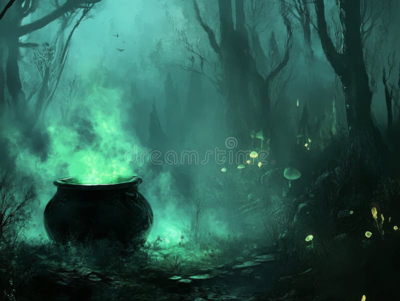 A Cauldron of Green Smoke in a Dark Forest Stock Illustration ...