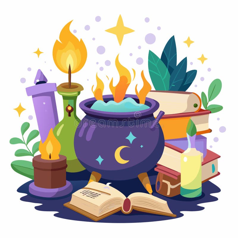 Cauldron of Magic Potion Illustration with Candles, Books, and Stars ...