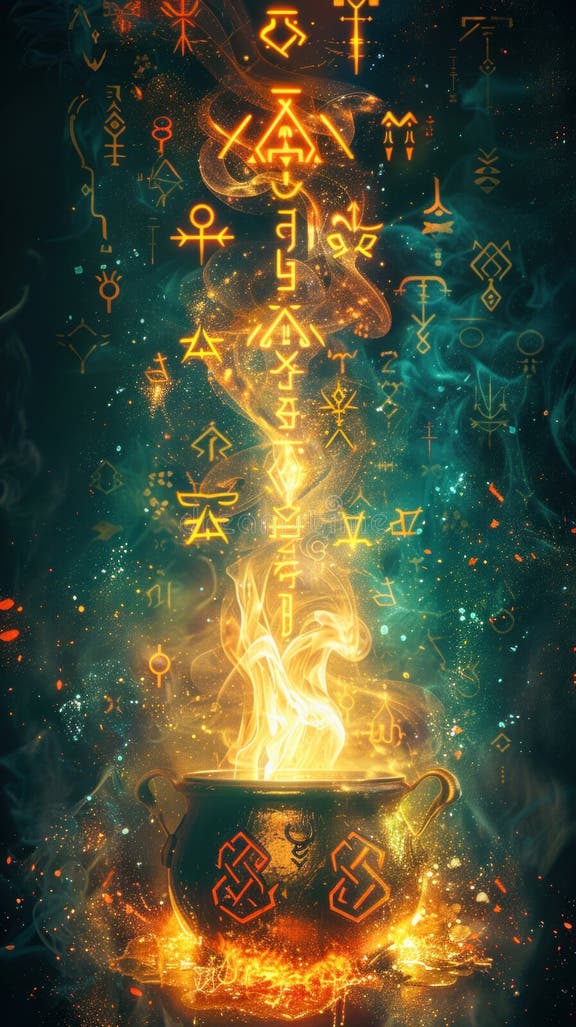 A Cauldron with Magical Symbols and Fire Stock Image - Image of ...