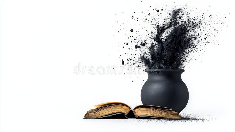 A Cauldron beside an Open Book with a Splash of Black Liquid Stock ...