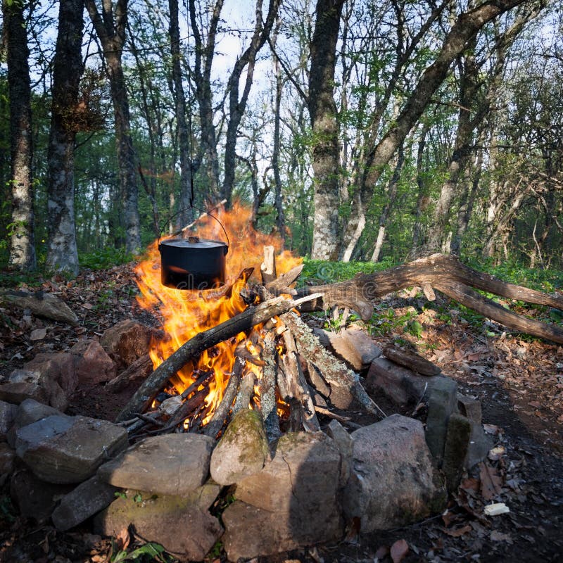 Cauldron Over Burning Campfire Stock Image - Image of rural, equipment ...