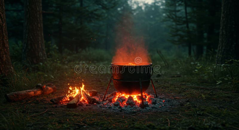 Cauldron Over Campfire in Dark Forest Stock Illustration - Illustration ...
