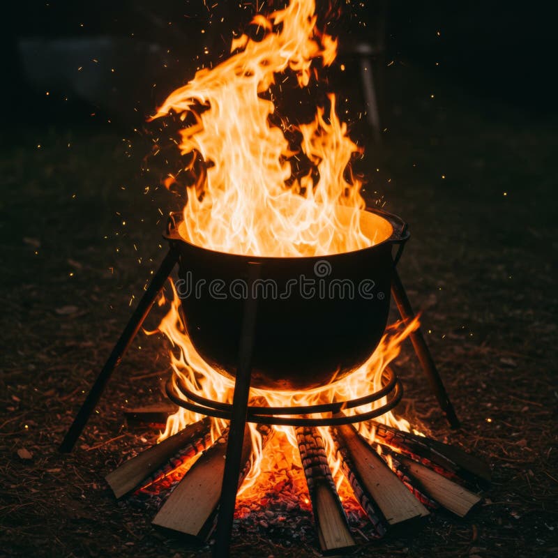 Cauldron Over Campfire at Night Stock Illustration - Illustration of ...
