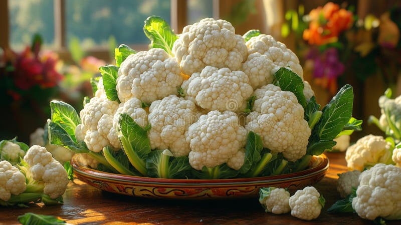 Cauliflower. Mature Cauliflower on Table Over Green Background Stock ...