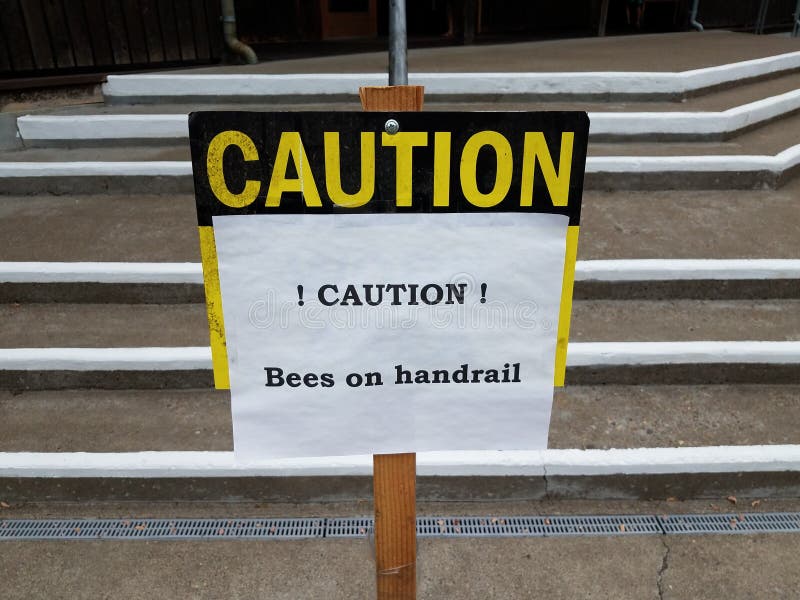 Caution Bees on Handrail Sign on Steps Stock Image - Image of animal ...