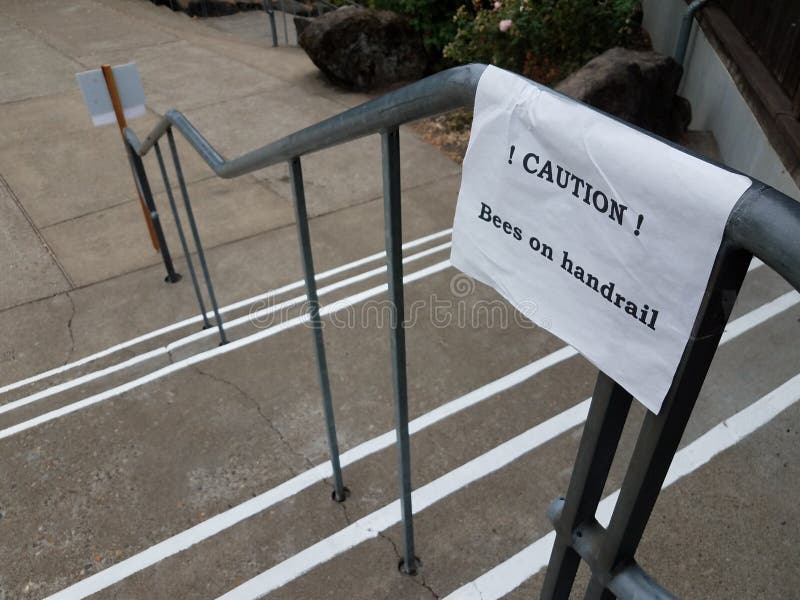 Caution Bees on Handrail Sign on Steps Stock Image - Image of animal ...