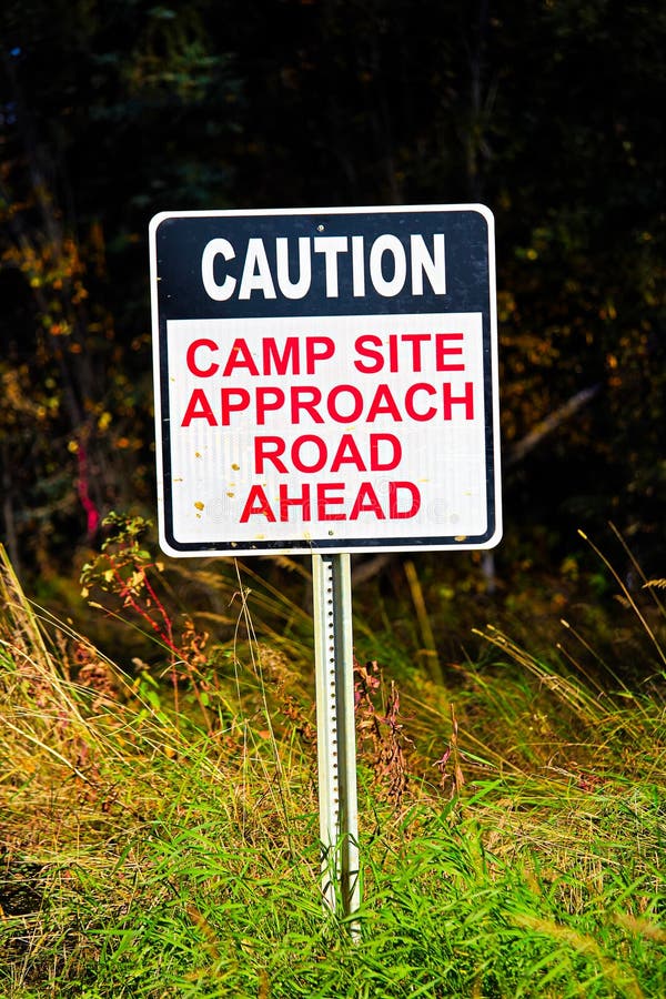 A Caution Camp Site Approach Road Ahead Sign Stock Image - Image of ...