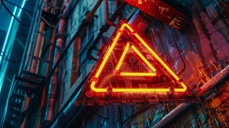 Caution Concept. Triangle Neon Road Warning Sign at Night Stock Image ...
