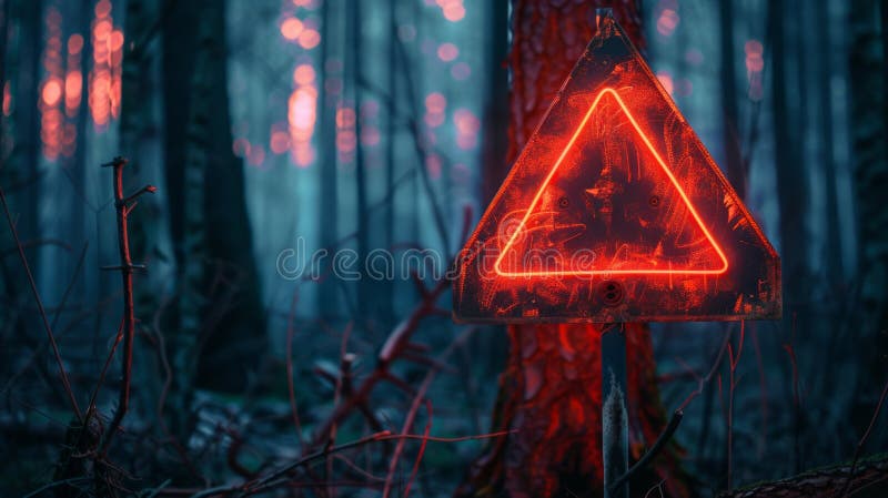 Caution Concept. Triangle Warning Sign in Tree in Forest Stock Photo ...