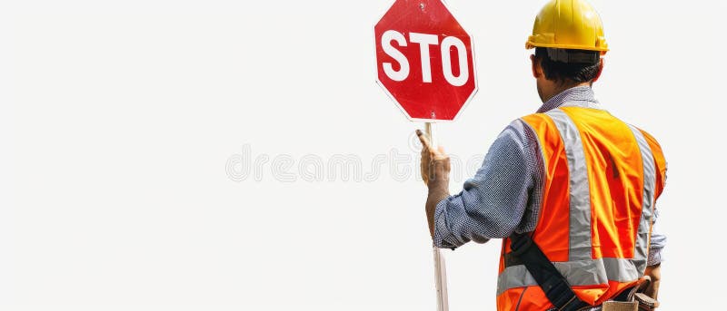 Caution: Construction Worker on Duty - Holding Stop Sign, Isolated on ...