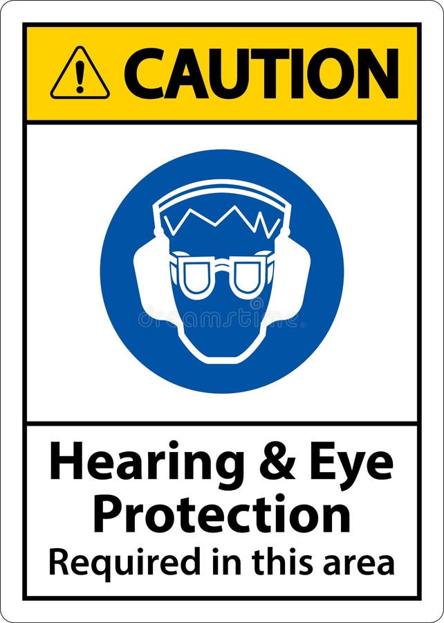Caution Hearing and Eye Protection Sign on White Background Stock ...