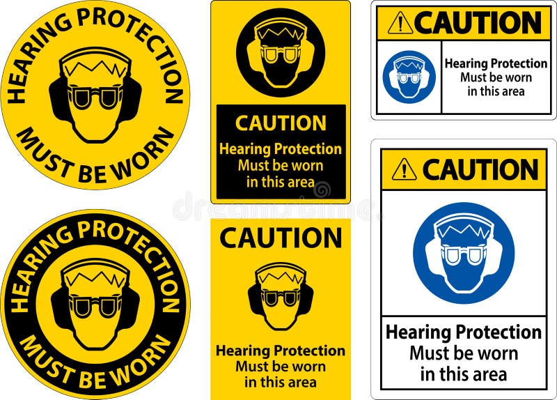 Caution Hearing Protection Must Be Worn Sign On White Background Stock
