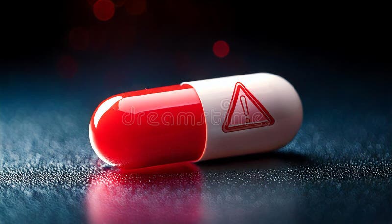 Caution in Medicine: Close-up of a Capsule with a Warning Sign Stock ...