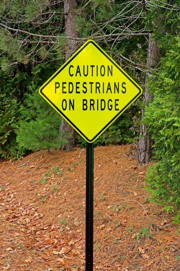 Caution Pedestrians on Bridge Sign Stock Image - Image of caution ...