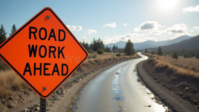 Caution Road Under Construction Sign with Workers in Background Stock ...