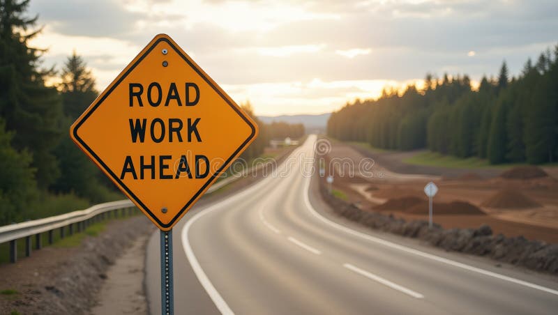 Caution Road Under Construction Sign with Workers in Background Stock ...
