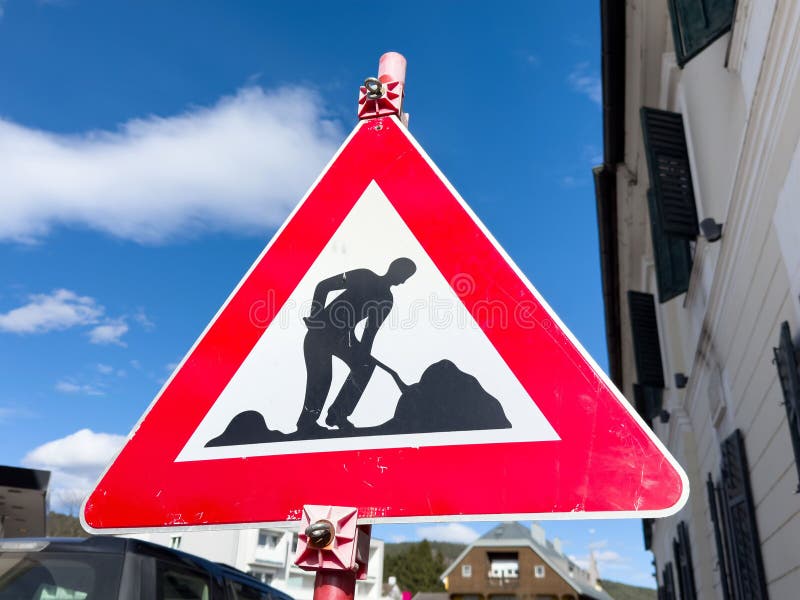 Caution Road Work Sign with Red Triangle on Urban Street Editorial ...