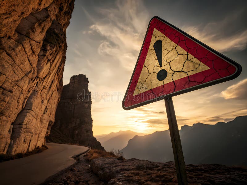 Caution Sign Against Dramatic Mountain Backdrop Stock Image - Image of ...
