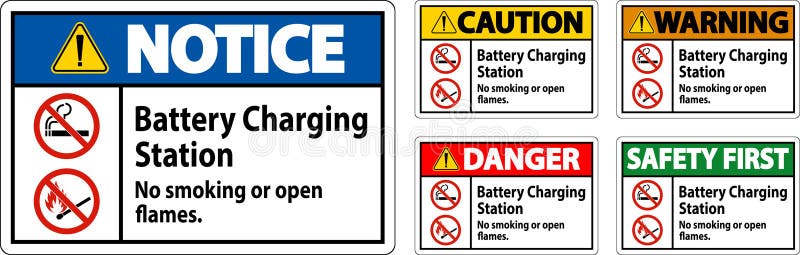 Caution Sign Battery Charging Station, No Smoking or Open Flames Stock ...
