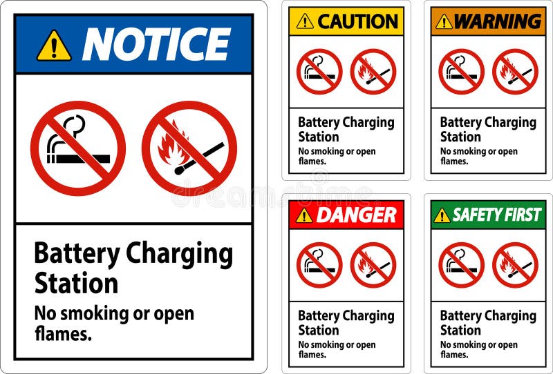Caution Sign Battery Charging Station, No Smoking or Open Flames Stock ...