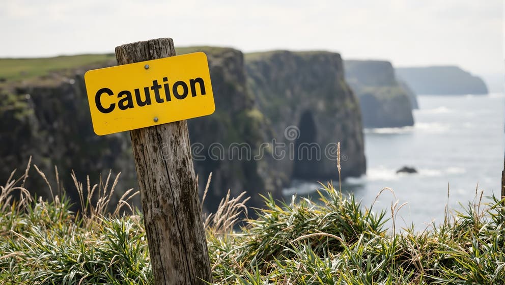 Caution Sign on Cliff Edge with Mountain Backdrop Stock Illustration ...