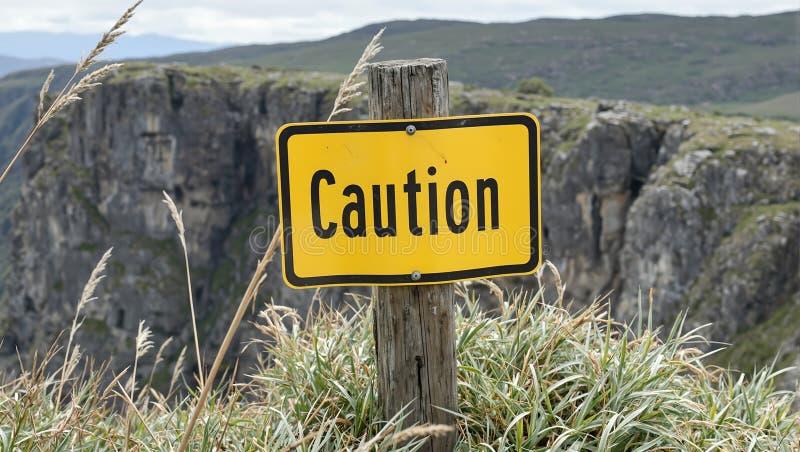 Caution Sign on Cliff Edge with Mountain Backdrop Stock Illustration ...